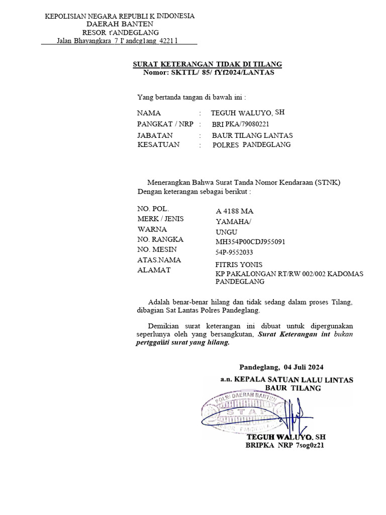 Surat Keterangan Tidak Di Tilang | PDF