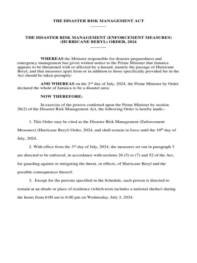 Disaster Risk Management Enforcement Measures Hurricane Beryl Order ...