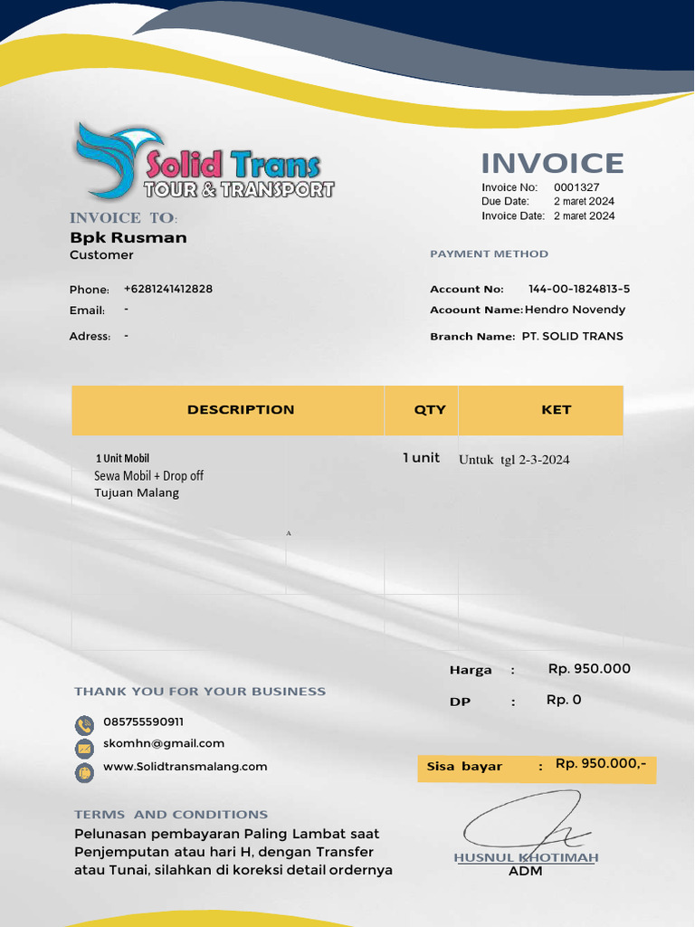 Invoice Sewa Mobil + Drop Malang | PDF