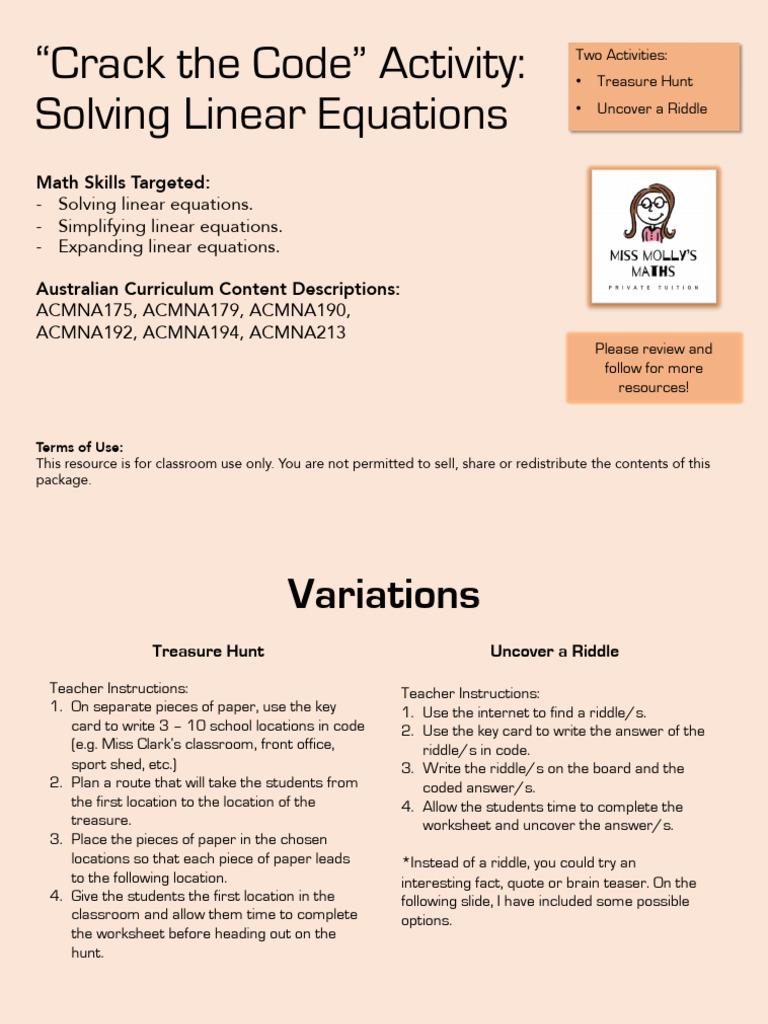 FREEBIE Solving Equations Code Cracker Activities | PDF