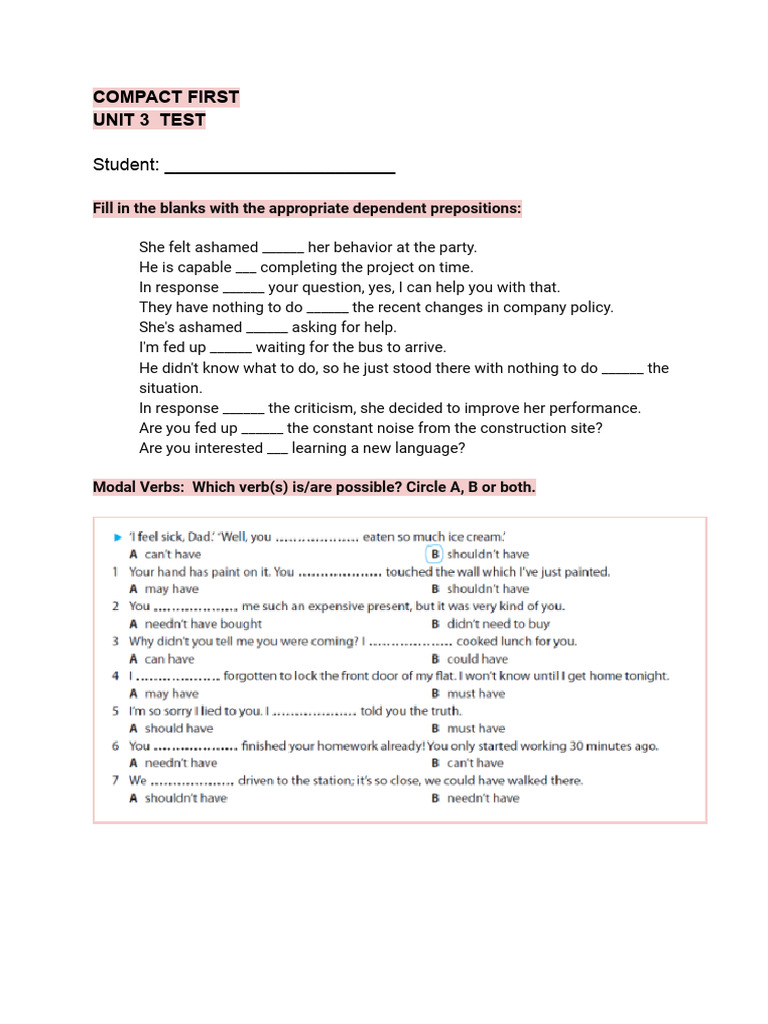 COMPACT FIRST Unit 3 Test | PDF