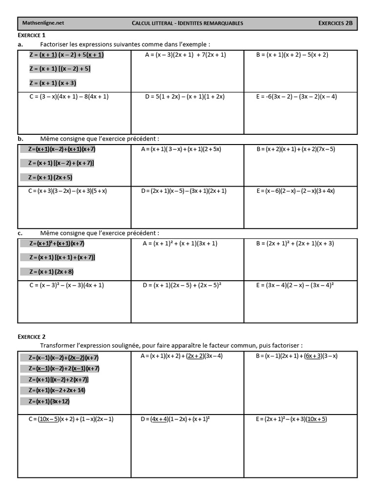 Chap 03 - Ex 2b - Factorisation (Facteur Commun - Partie 2) - CORRIGE ...