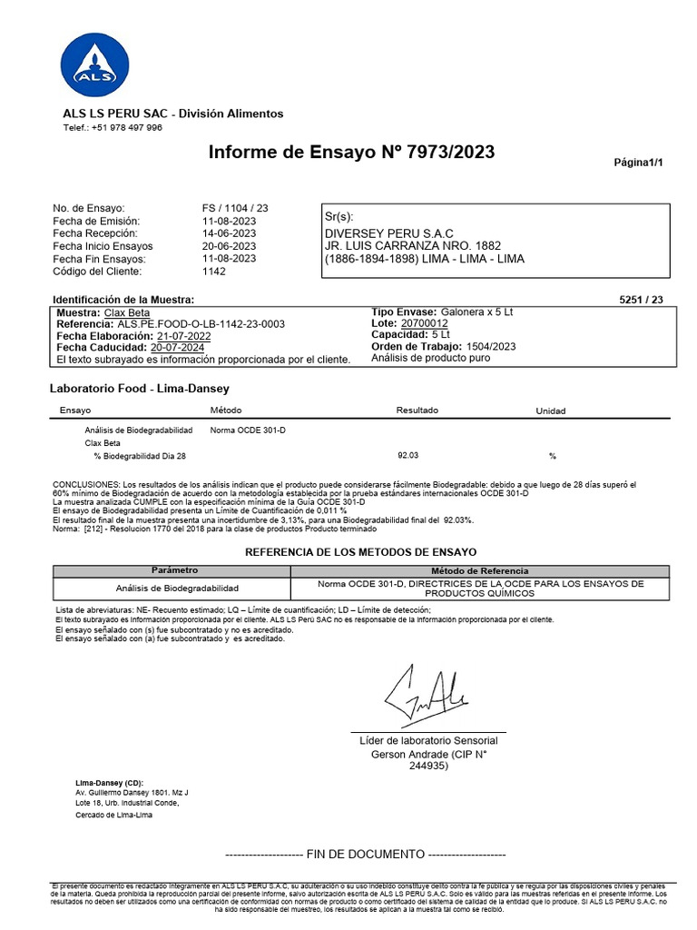 Biodegradabilidad de Clax Beta: 92.03% | PDF