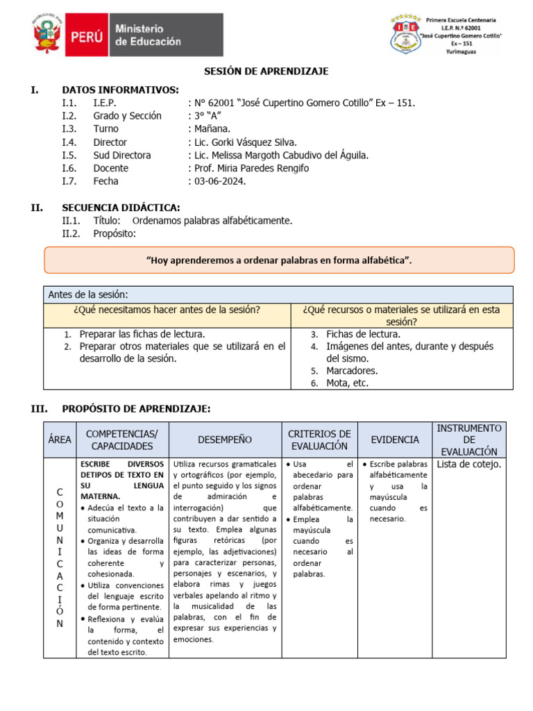 Sesión Orden Alfabetico | PDF | Aprendizaje | Alfabeto