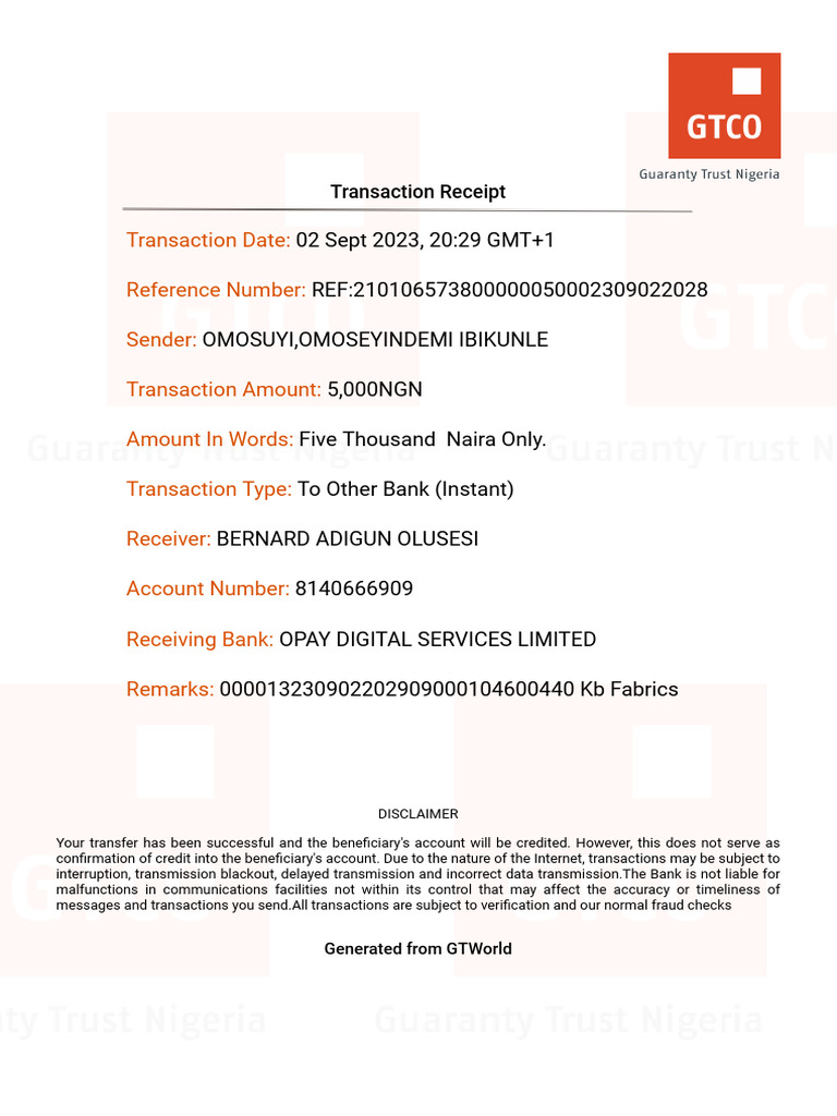 Instant Bank Transfer Receipt - 5000NGN | PDF