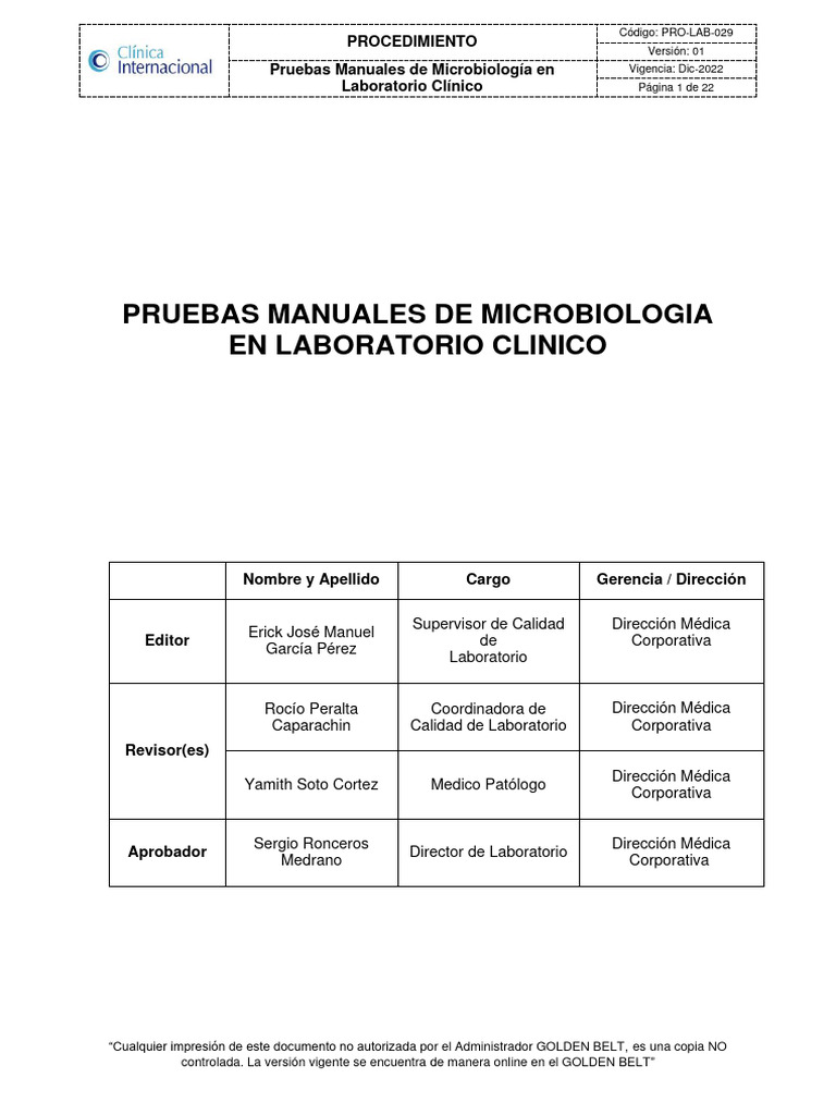 PRO-LAB-029 Pruebas Manuales de Microbiologia en Laboratorio Clínico V01 | PDF | Infección ...