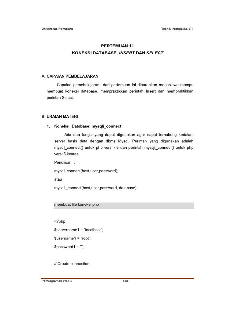 TPL0373_PERTEMUAN KE-11_KONEKSI DATABASE, INSERT DAN SELECT | PDF