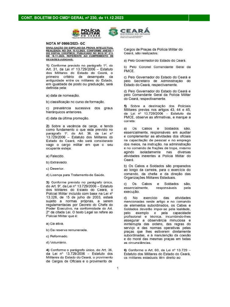 PROVA DO CHO PMCE - 2023 - Gabarito - Referente Ao Cumprimento de Decisões Judiciais. | PDF