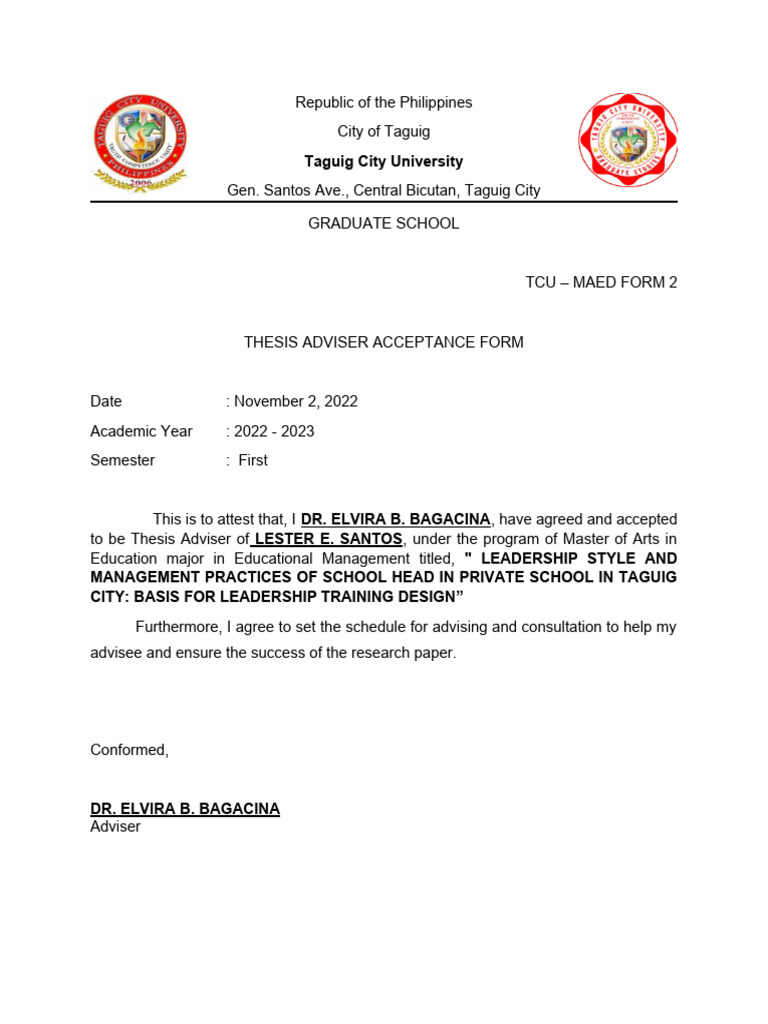 Thesis Adviser Acceptance Form | PDF