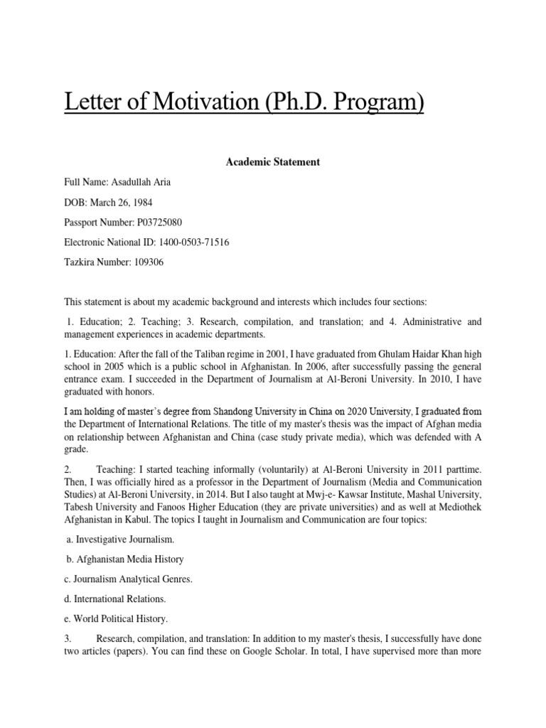 Letter of Motivation | PDF | Communication | Academic Degree