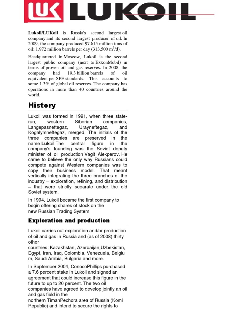 History: Lukoil/Lukoil Is Russia'S Second Largest Oil | PDF | Accountancy And Auditing | Economies