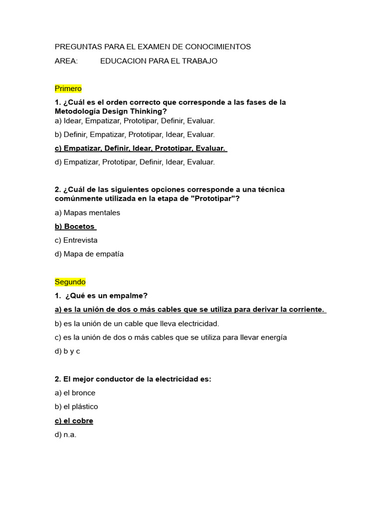 Examen: Educación para el Trabajo | PDF