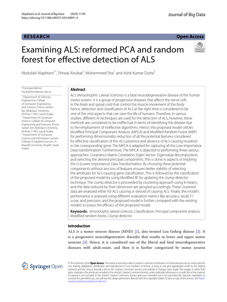 Examining ALS: Reformed PCA and Random Forest For Effective Detection of ALS | PDF | Principal ...