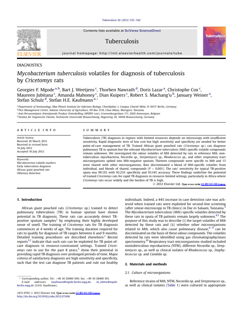 Mycobacterium Tuberculosis Volatiles For Diagnosis of Tubercul - 2012 ...