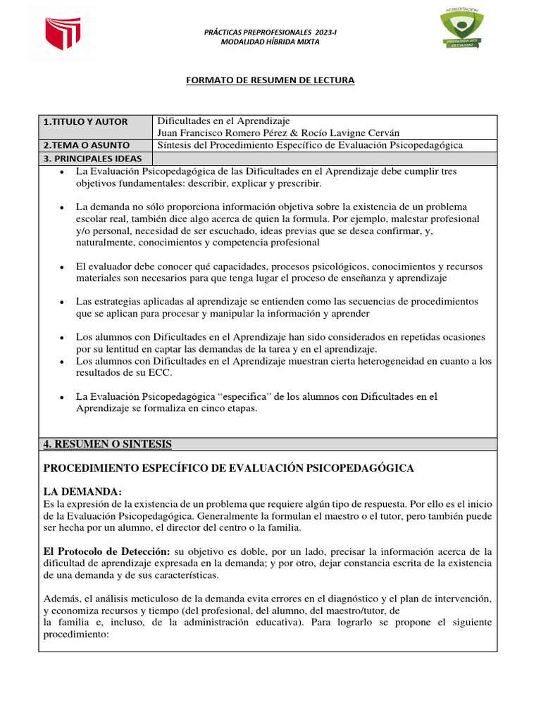 Formato de Resumen de Lectura . | PDF | Evaluación | Aprendizaje