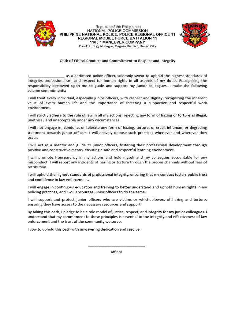 Police Oath of Integrity and Respect | PDF | Torture | Integrity