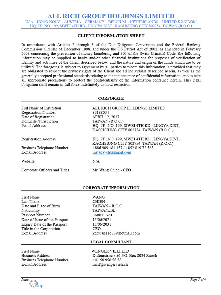 All Rich Group Holdings Overview | PDF | Taiwan | Justice