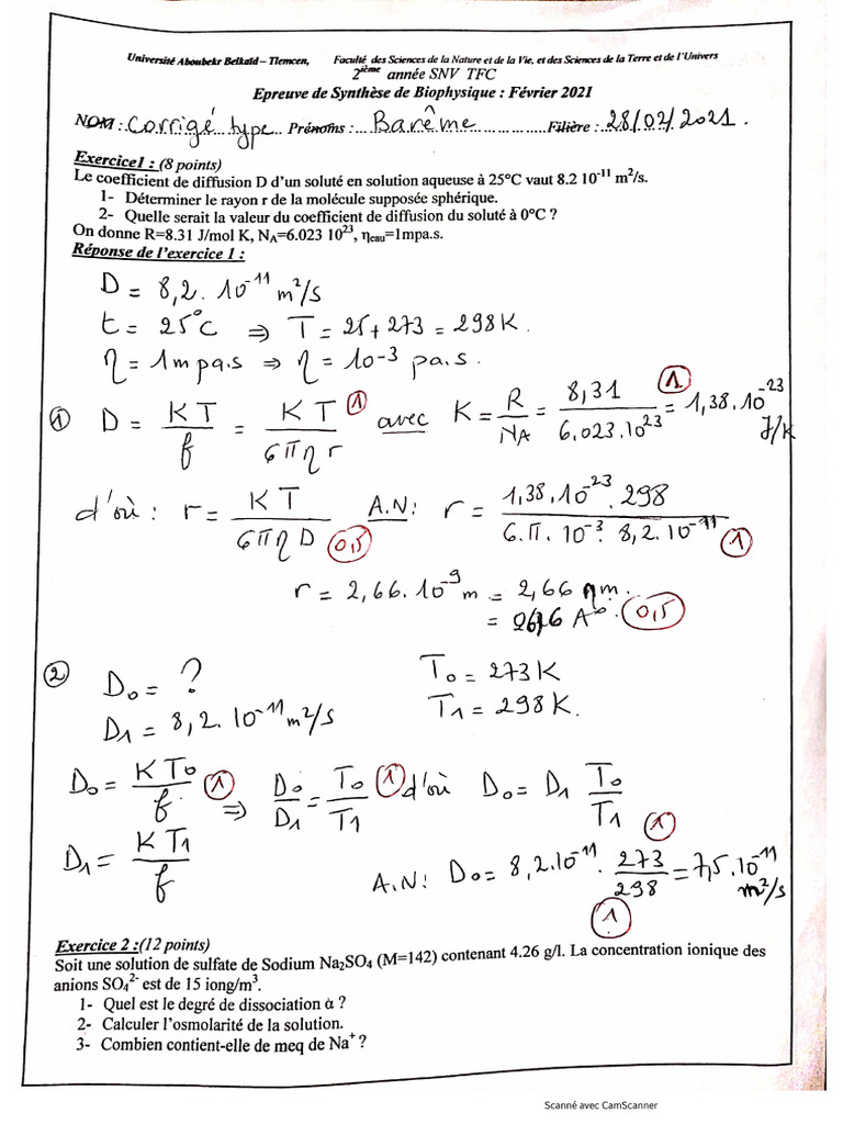 Examen3+Solution Biophysique | PDF