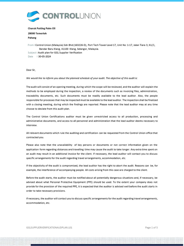 Control Union Audit Plan - SVA - 30 May 2024 | PDF | Audit | Business