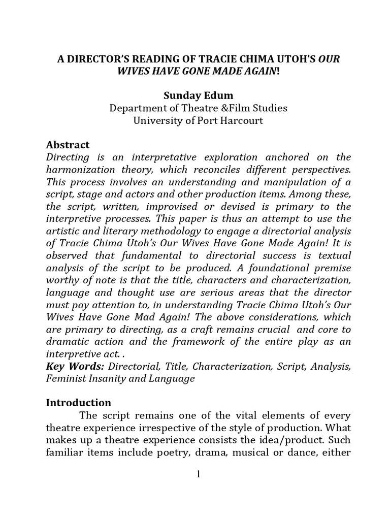 A Directors Reading of Tracie Chima Utoh | PDF | Thought | Play (Theatre)