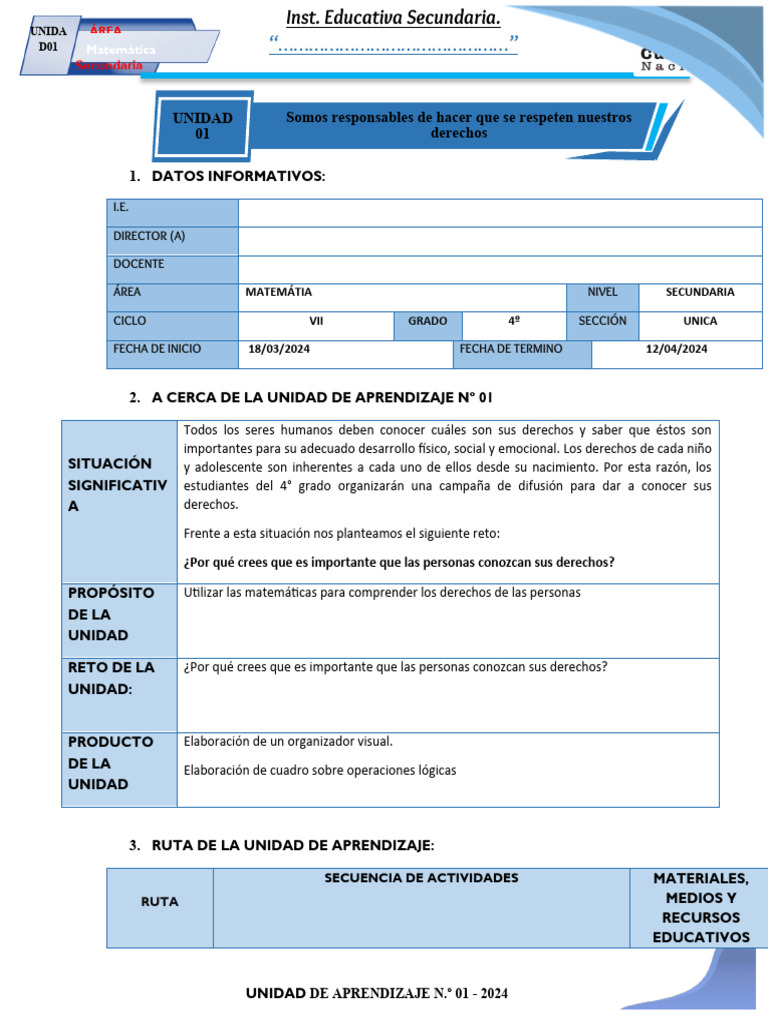 4º UNIDAD 1 MAT -2024 | PDF | Aprendizaje | Geometría
