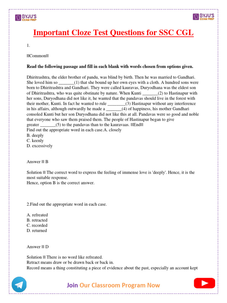 Important Cloze Test Questions For SSC CGL 42 | PDF | Grammatical ...