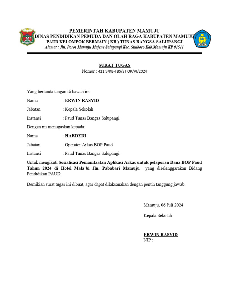 Surat Tugas Sosialisasi Arkas BOP PAUD | PDF