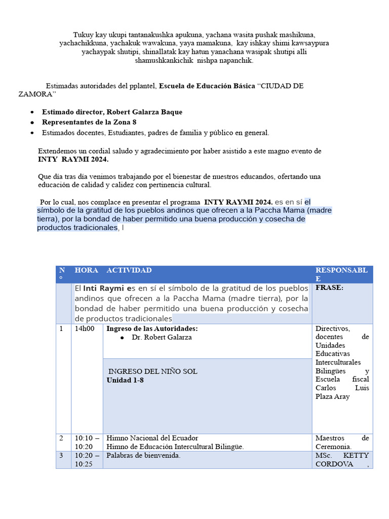 PROGRAMA DE Inty RAYMI 2024 | PDF | Imperio Inca