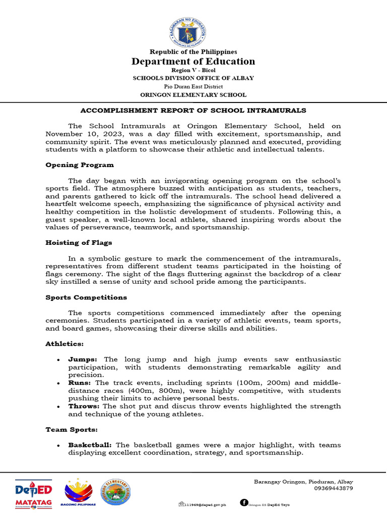 Accomplishment Report of School Intramurals | PDF