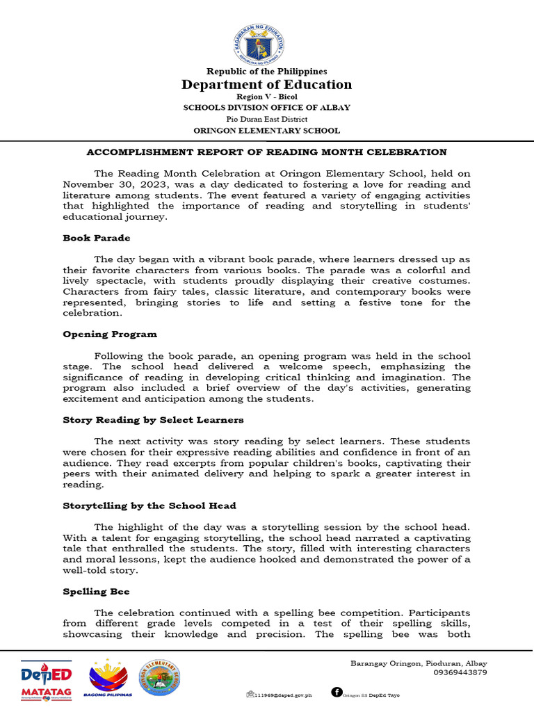 Accomplishment Report of Reading Month Celebration | PDF | Storytelling ...