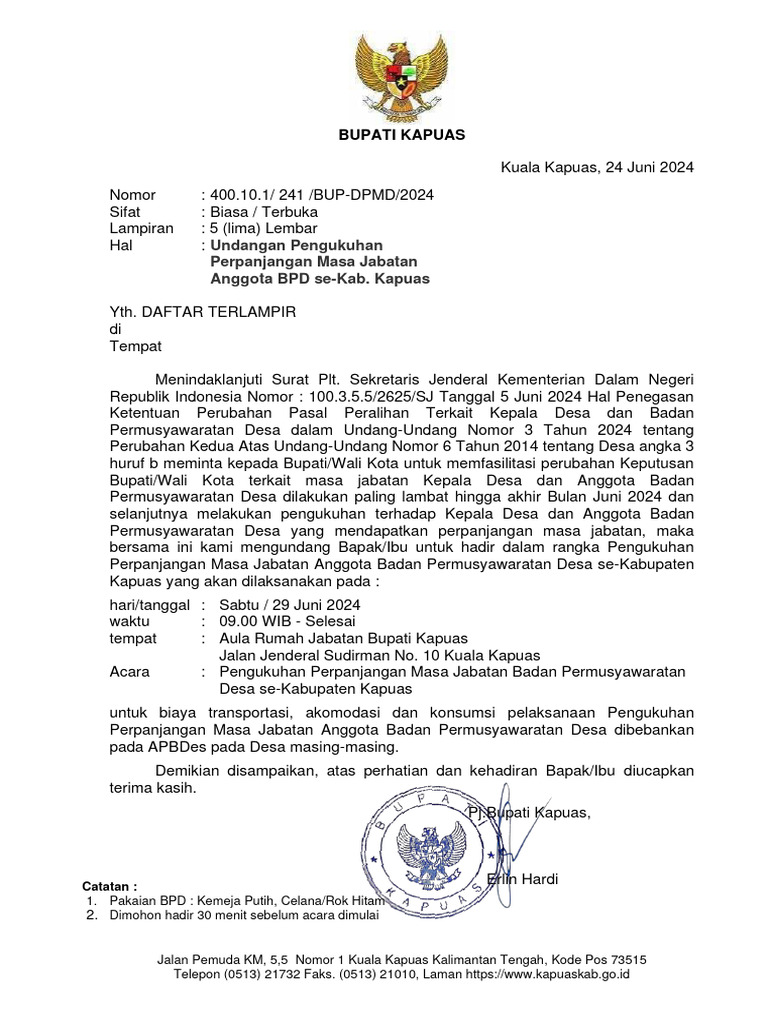 Surat Undangan Bupati Pengukuhan BPD - Desa | PDF Surat Undangan Bupati Pengukuhan BPD - Desa | PDF