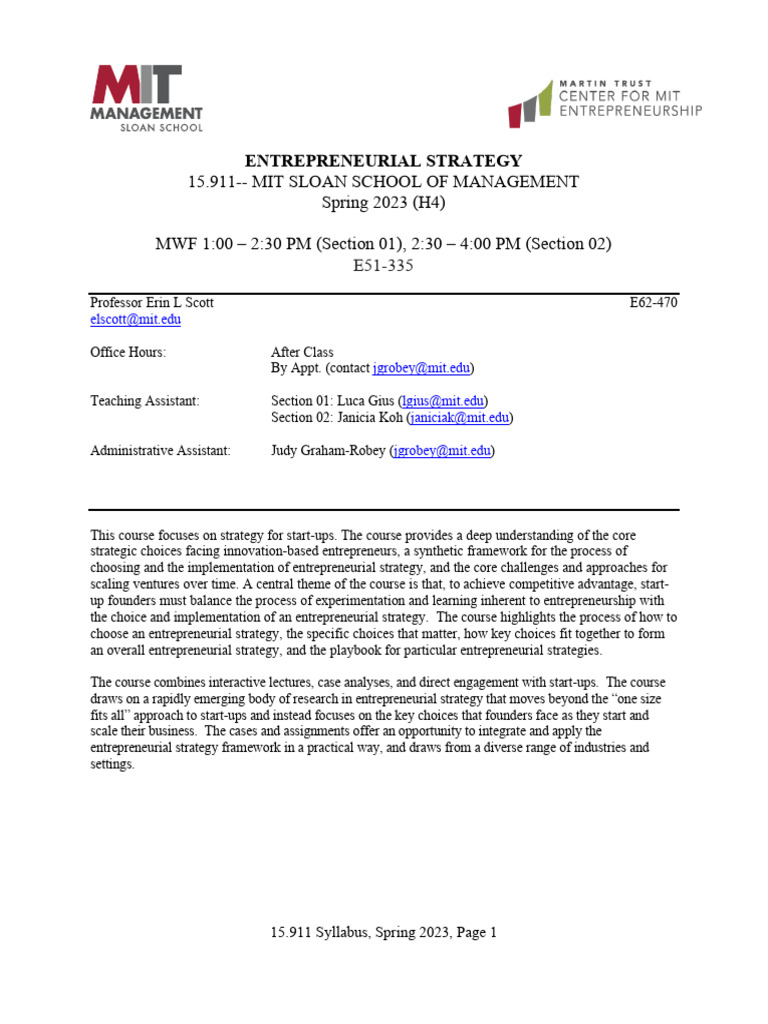 MIT - Entrepreneurial Strategy 15911 SYLLABUS | PDF | Entrepreneurship ...