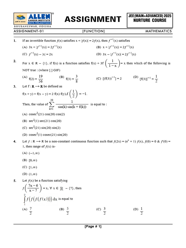 01. Assignment_Function_SC | Download Free PDF | Function (Mathematics ...