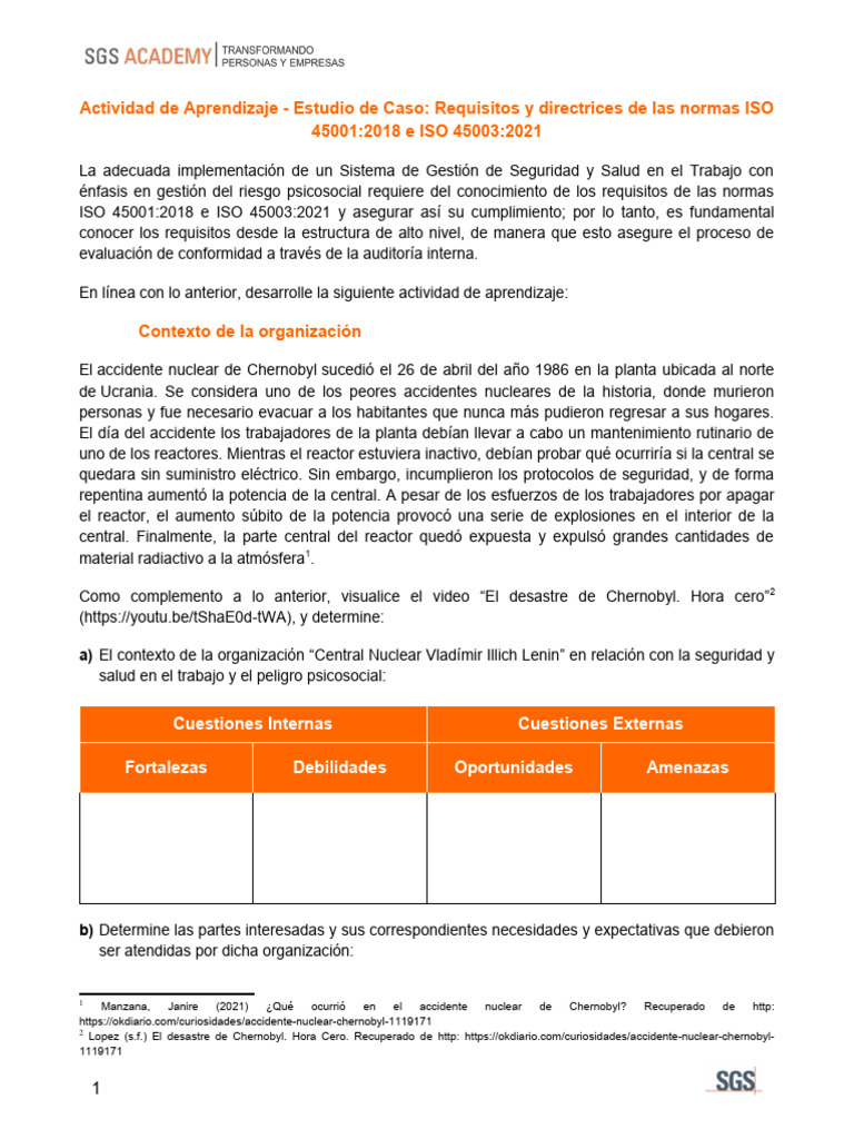 Actividad de Aprendizaje - Estudio Caso Requisitos y Directrices ISO 45001.2018 e ISO 45003.2021 ...