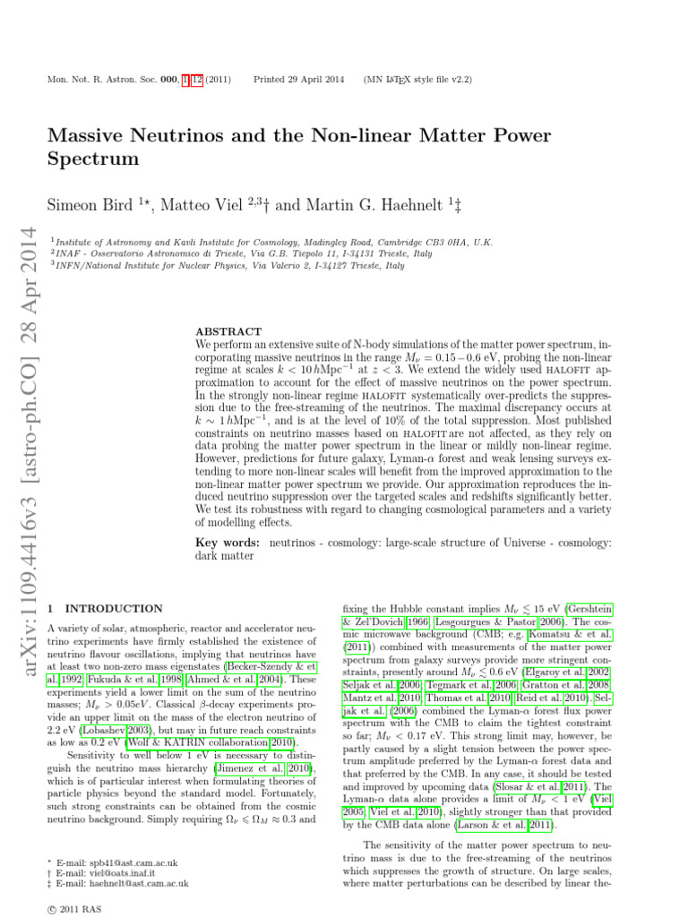 1109.4416 - Massive Neutrinos and The Non-Linear Matter Power | PDF ...