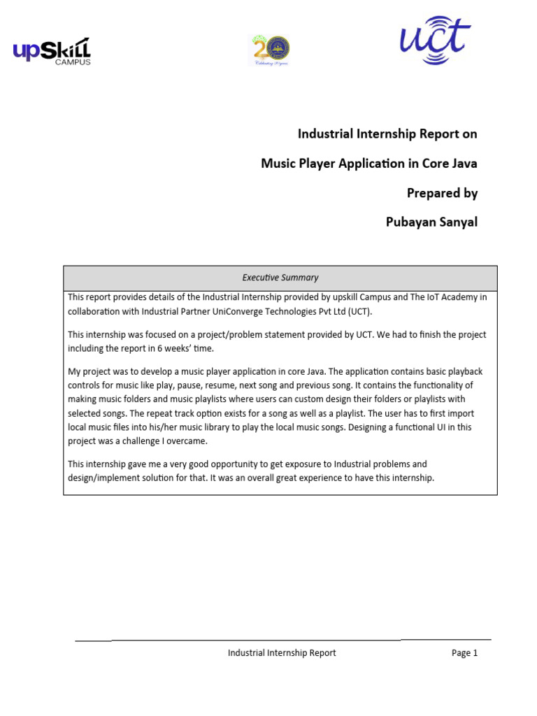 Java Music Player Internship Report | PDF | Java (Programming Language) | Internet Of Things