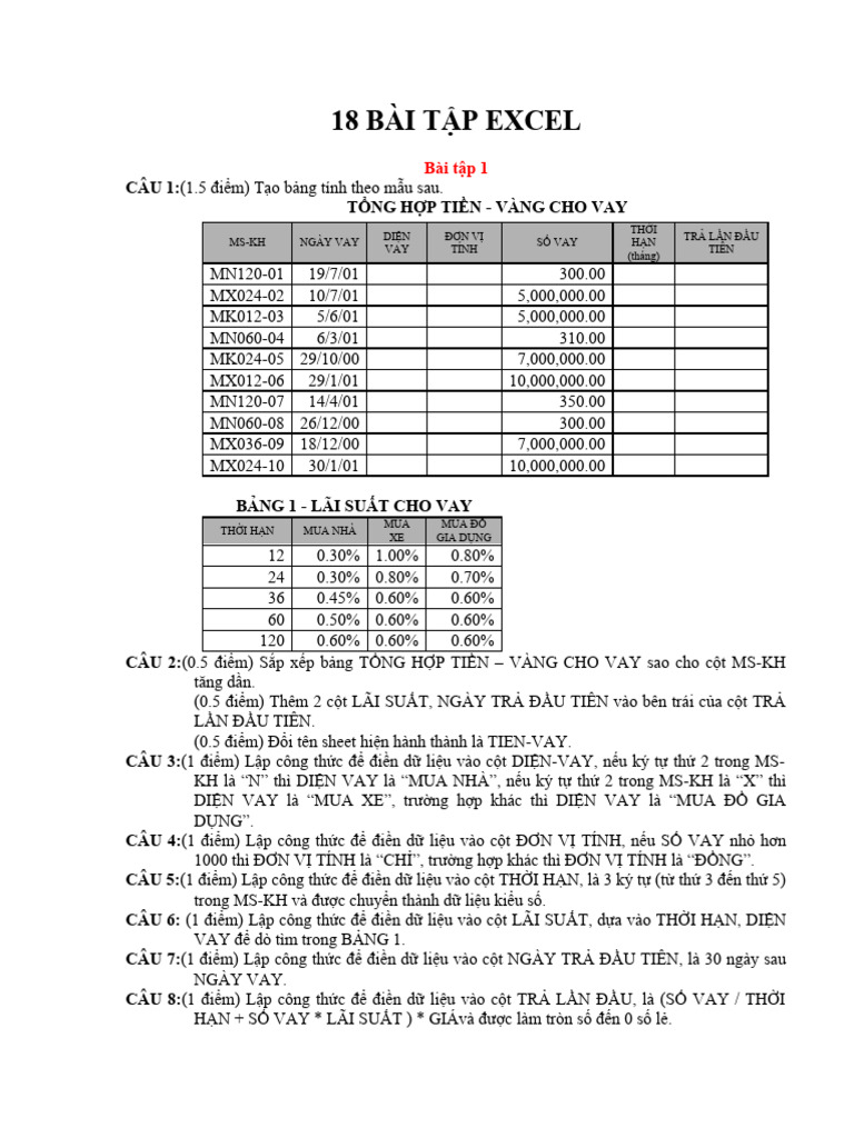 18 Bai Tap Excel | PDF