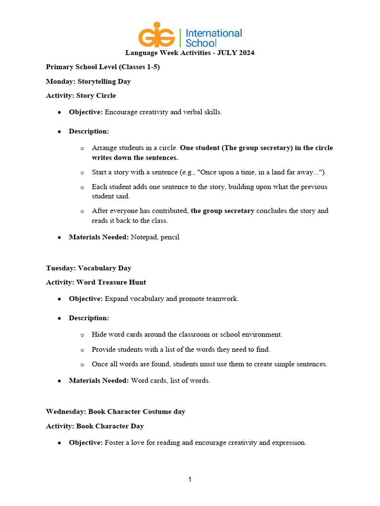 Primary Language Week Activities - JULY 2024 | PDF | Learning | Human ...