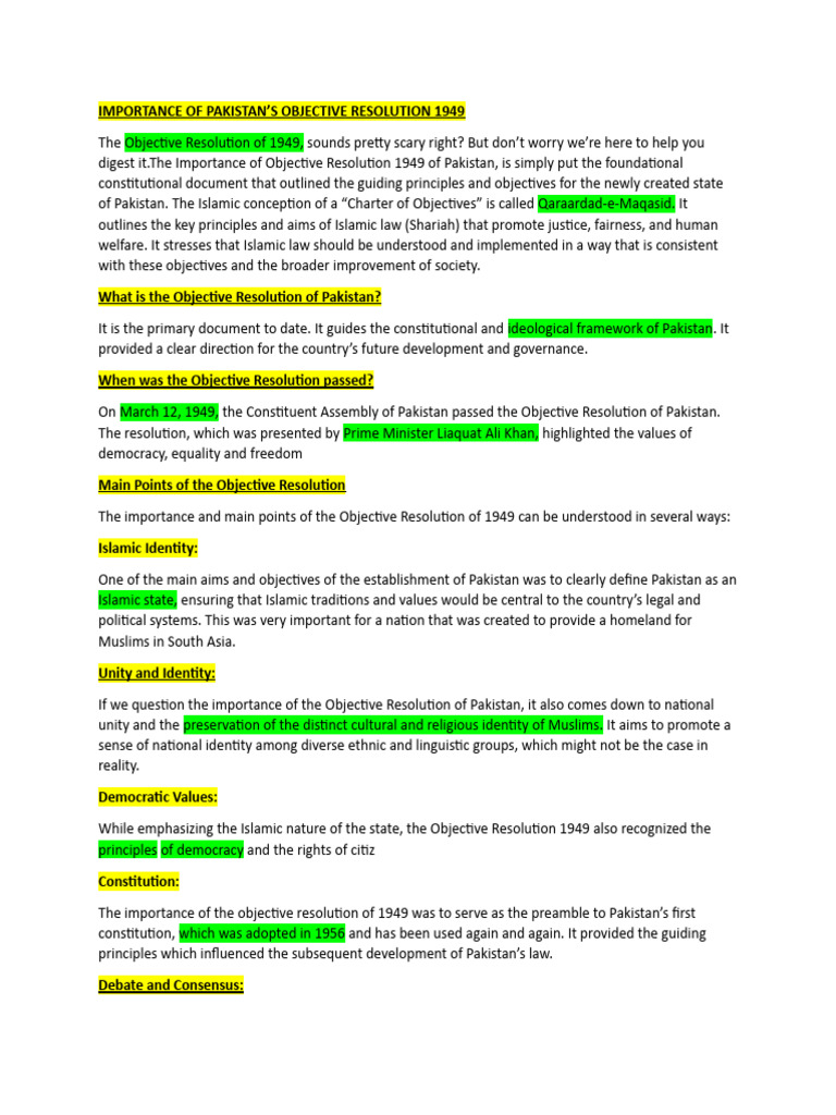 Objective Resolution of Pakistan Sifat Ullah Shah | PDF | Pakistan ...