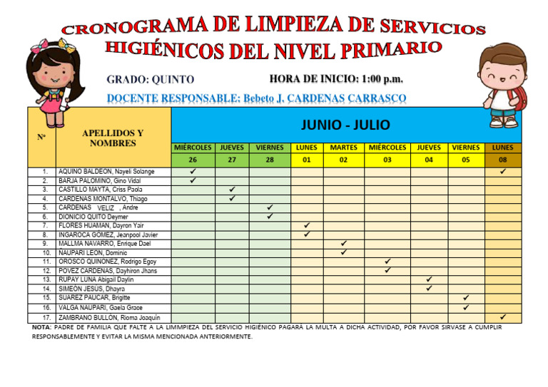 Cronograma de Limpieza 5to Grado | PDF