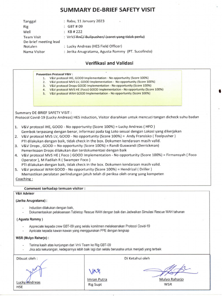 (GBT-09) Summary De-Brief Safety Visit V&V (Rabu, 11 Jan 2023) - Mulyo ...