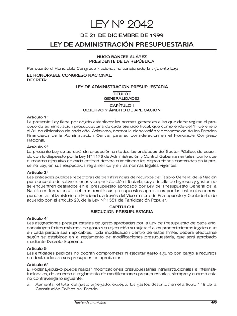 Ley_2042_DE_ADMINISTRACION_PRESUPUESTARIA(1) | Descargar gratis PDF | Presupuesto | Deuda