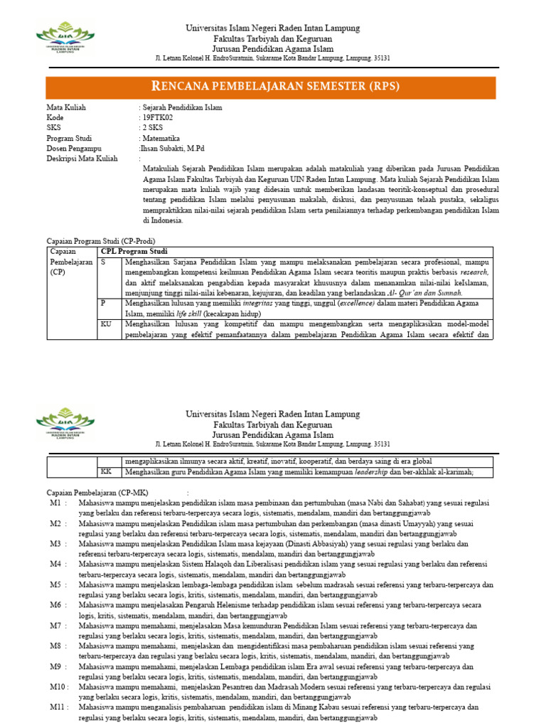 Rps Sejarah Pendidikan Islam Pak Ihsan | PDF
