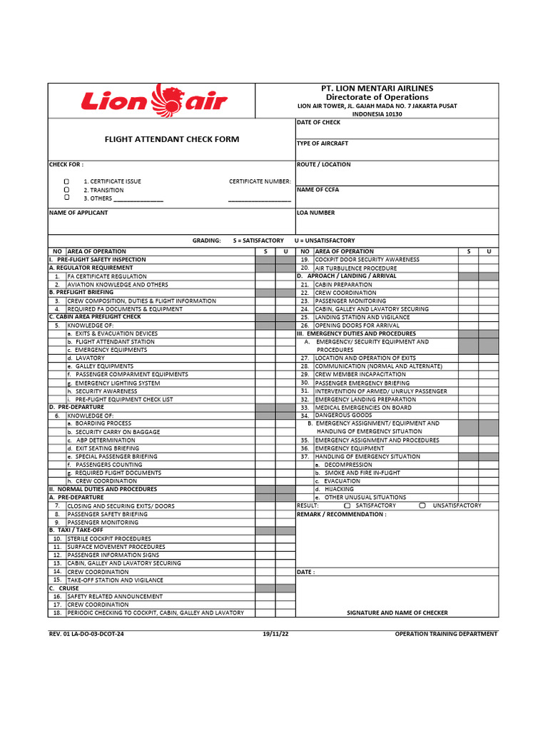 Rev.01 La-Do-03-Dcot-24 Flight Attendant Check Form | PDF | Flight ...