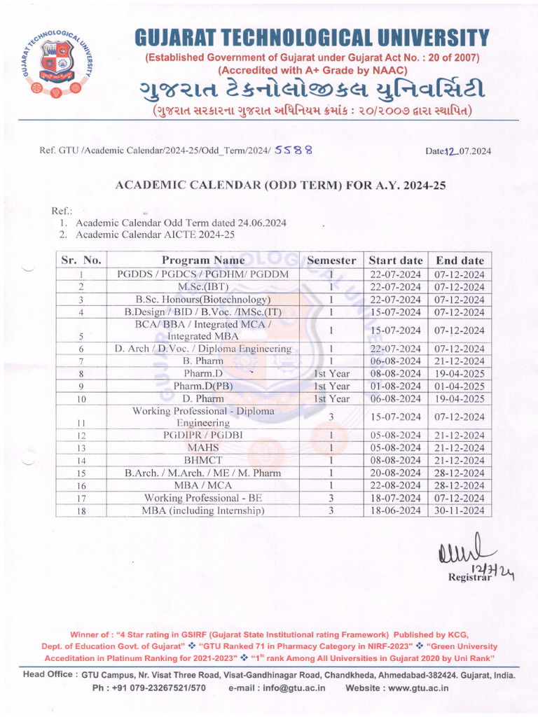 Academic Calendar Odd Term 12.07.2024 - 924899 | PDF