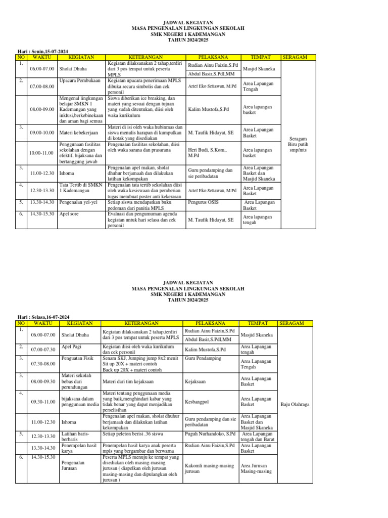 Jadwal Kegiatan MPLS 2024 | PDF