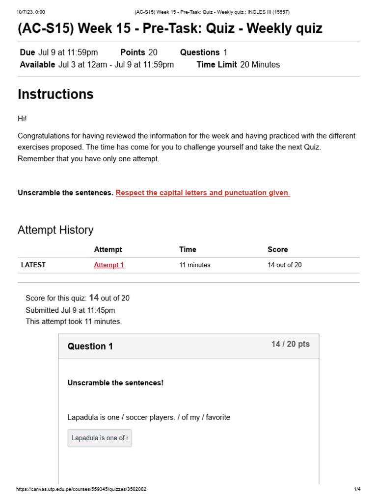 (AC-S15) Week 15 - Pre-Task - Quiz - Weekly Quiz - INGLES III (15557 ...