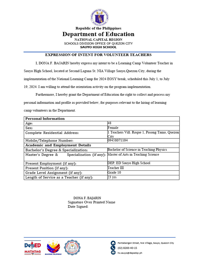 NLC - Letter of Intent of Volunteer Teacher - 2024 | PDF