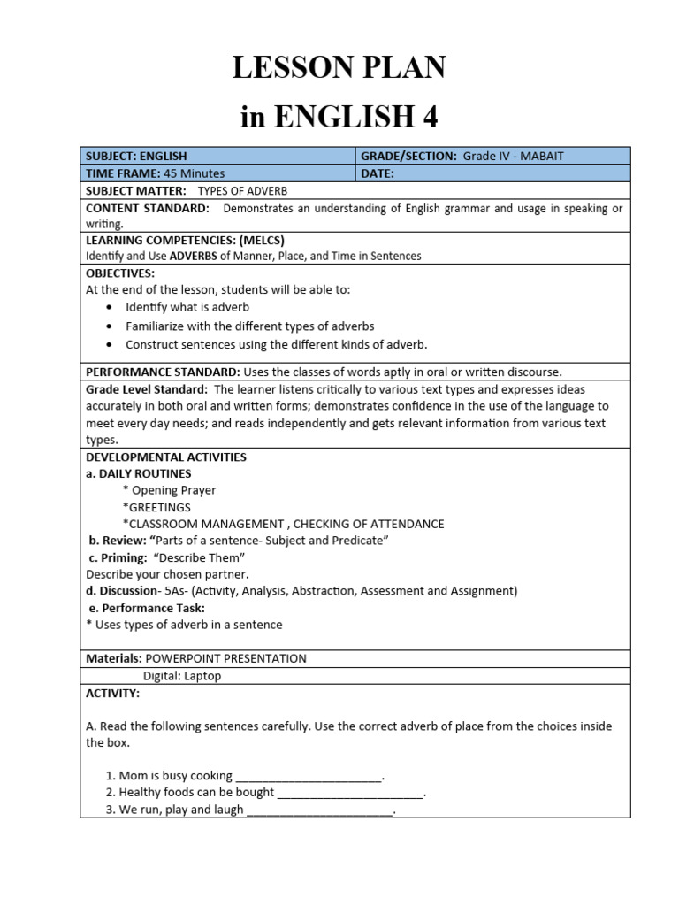Lesson Plan English | PDF | Adverb | Linguistics