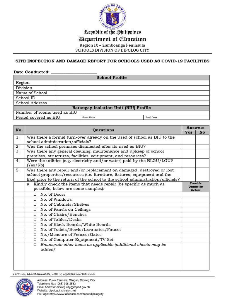 Form 02 Schools BIU SIDR (Controlled) | PDF | Public Toilet